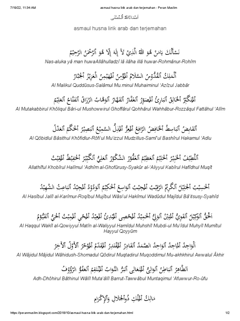 Asmaul Husna Lirik Arab Dan Terjemahan - Peran Muslim | PDF