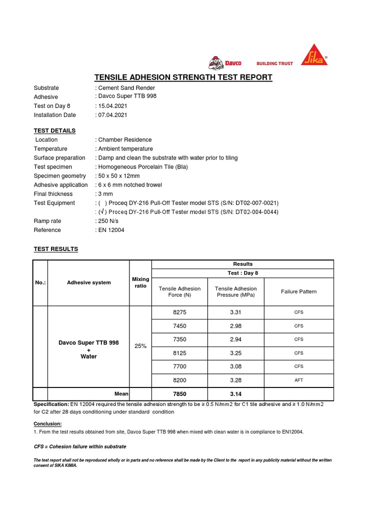 Tensile Adhesion Strength Test Report | PDF