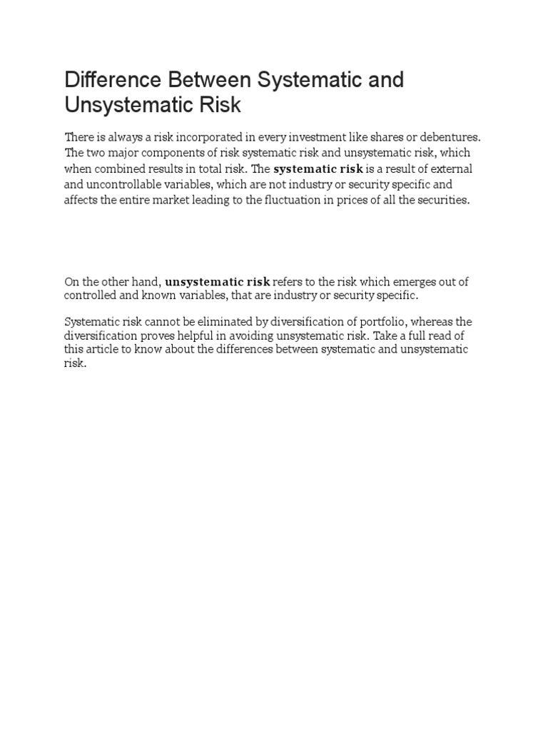 Systematic vs. Unsystematic Risk Explained | PDF | Financial Risk ...