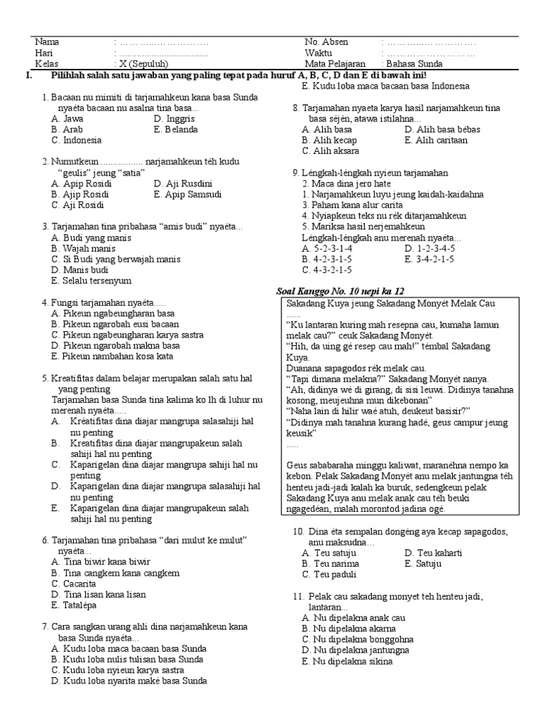 Soal PTS Bahasa Sunda Kelas X Semester 1 | PDF