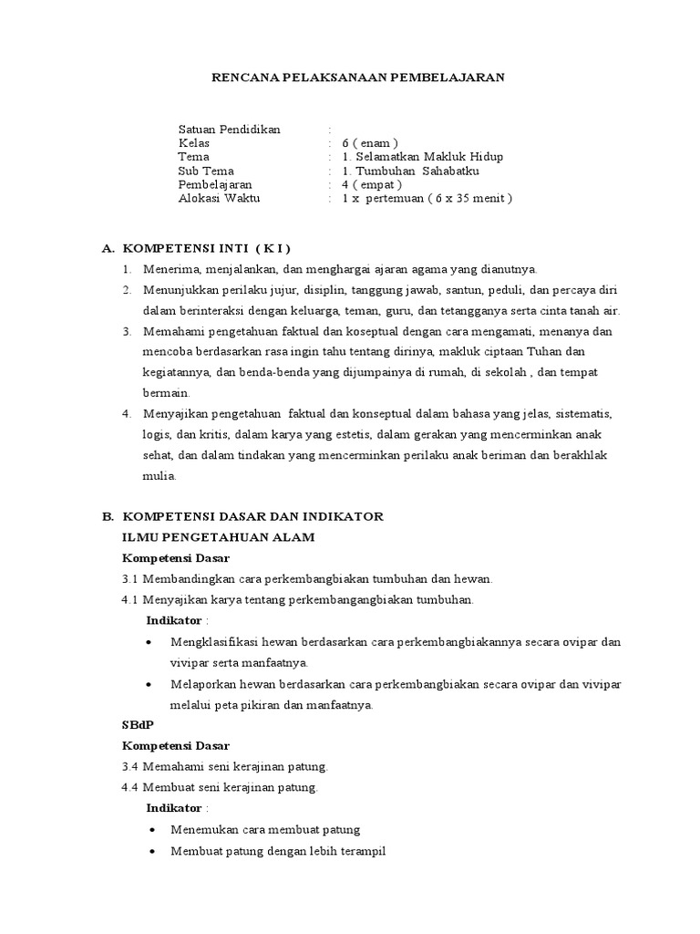 RPP Kelas 6 Tema 1 Subtema 1 PB 4 | PDF | Sains & Matematika
