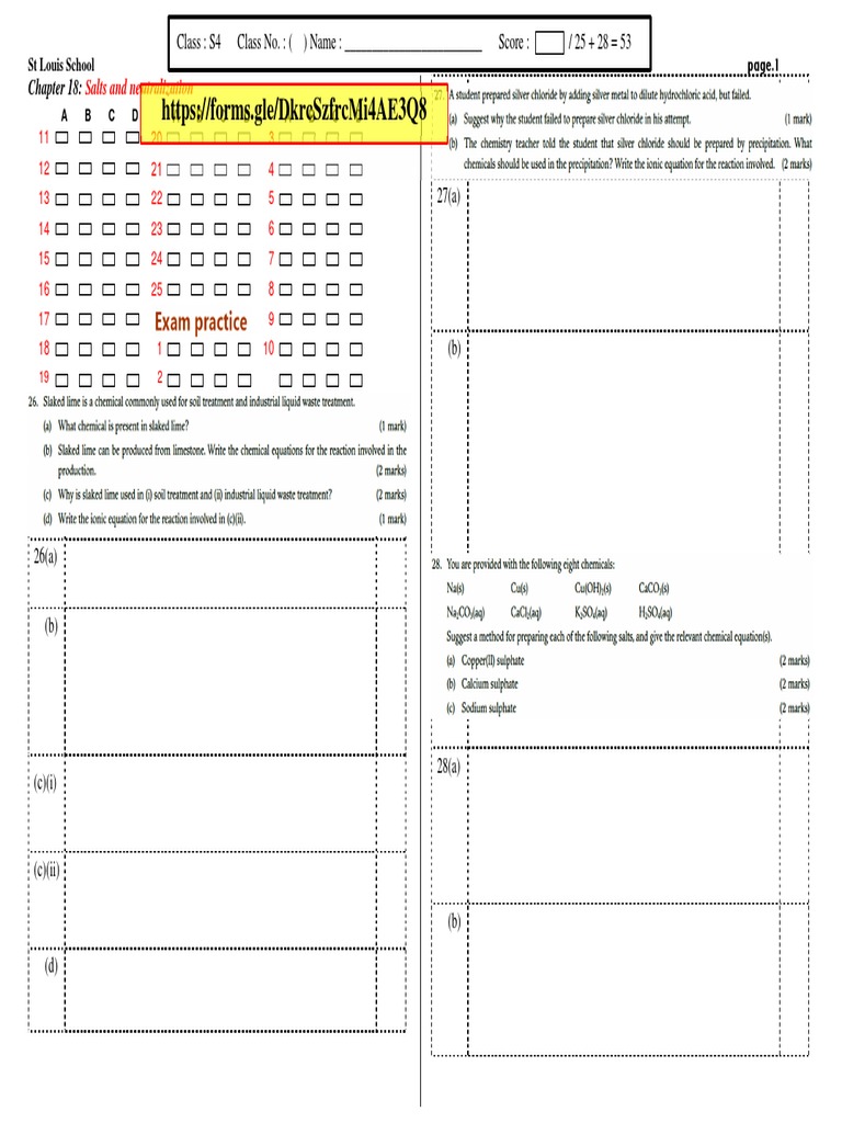 S4 HW Ans Sheet (CH - 18 Salts and Neutralization) - S | PDF | Precipitation (Chemistry) | Calcium