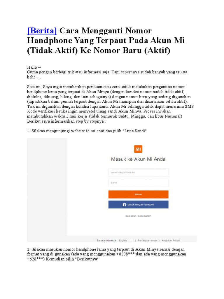 Cara Mengganti Nomor Handphone Yang Terpaut Pada Akun Mi (Tidak Aktif) Ke Nomor Baru (Aktif) | PDF