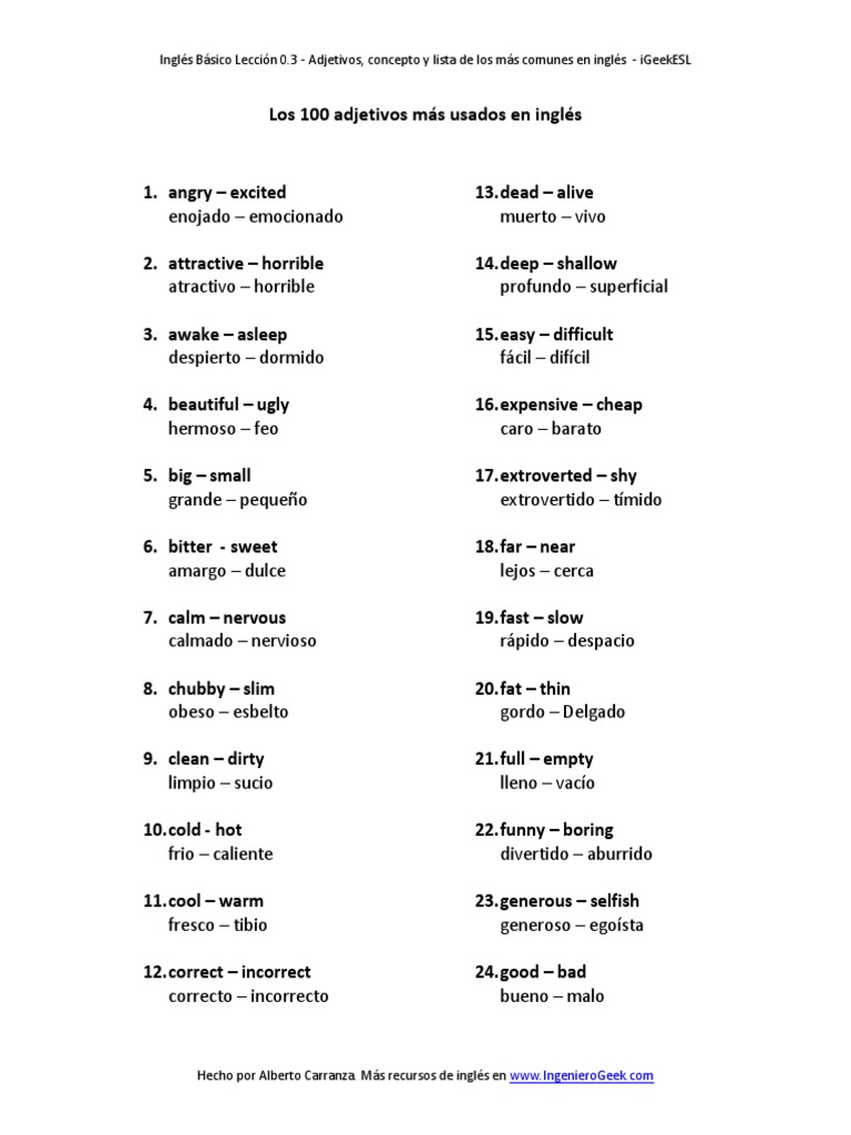 100 Adjetivos Básicos o Comunes | PDF