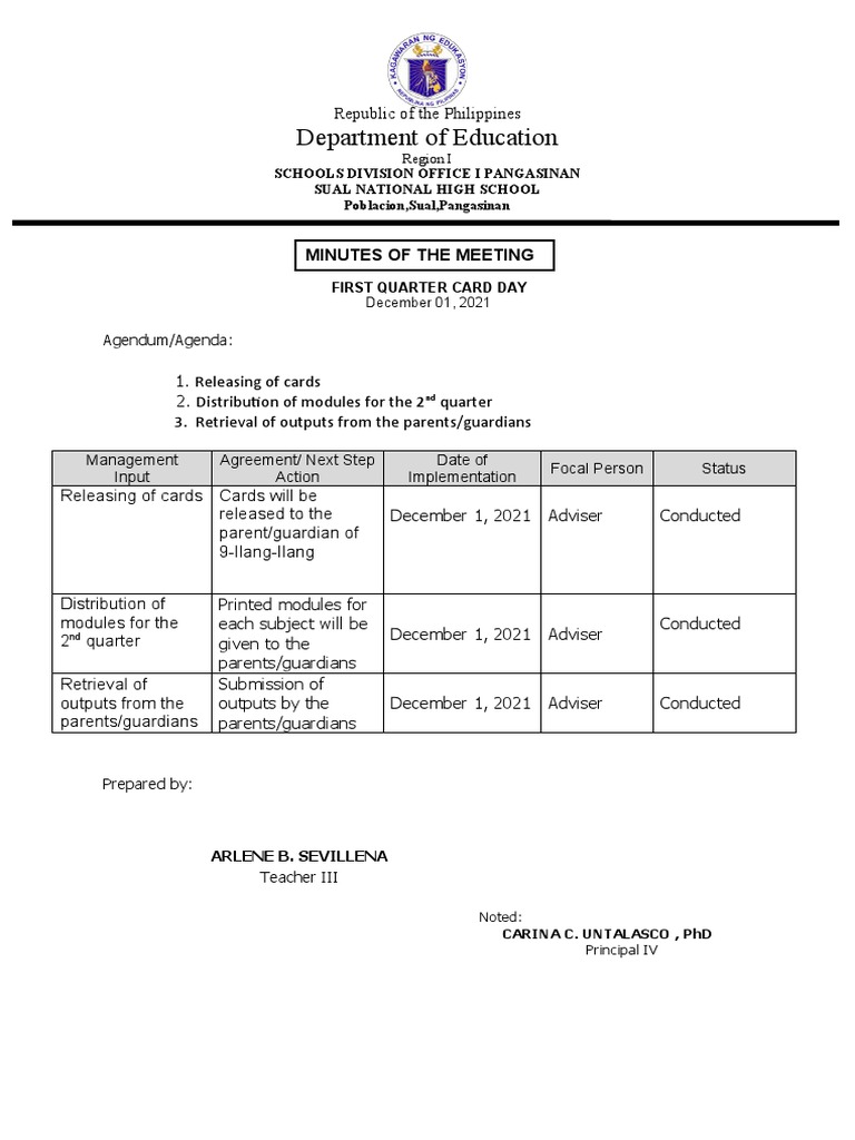9 ILANG ILANG Minutes of The Meeting 1st Quarter Card Day | PDF ...