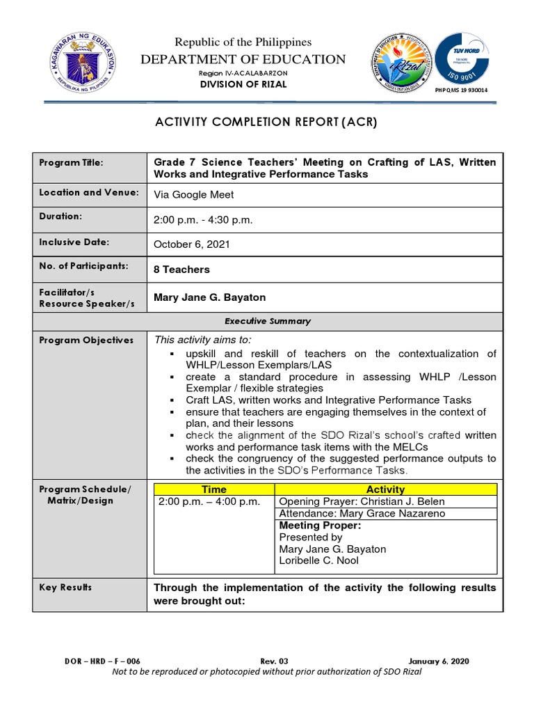 ACR-Grade 7 Science Teachers' Meeting On Crafting of LAS, Written Works and Integrative ...