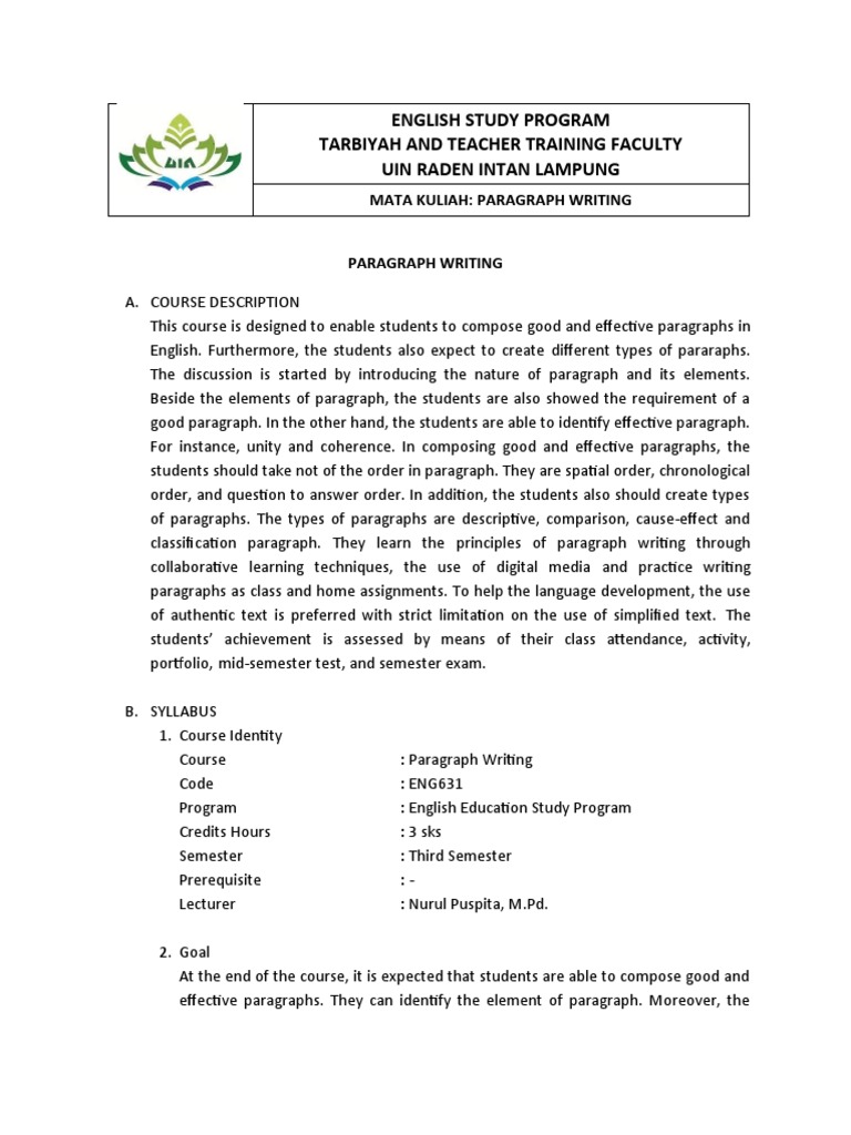 Syllabus Paragraph Writing | PDF | Learning | Cognition