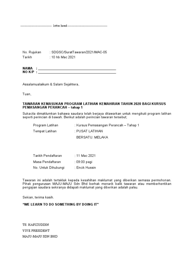 Surat Tawaran Kemasukan Program Latihan | PDF