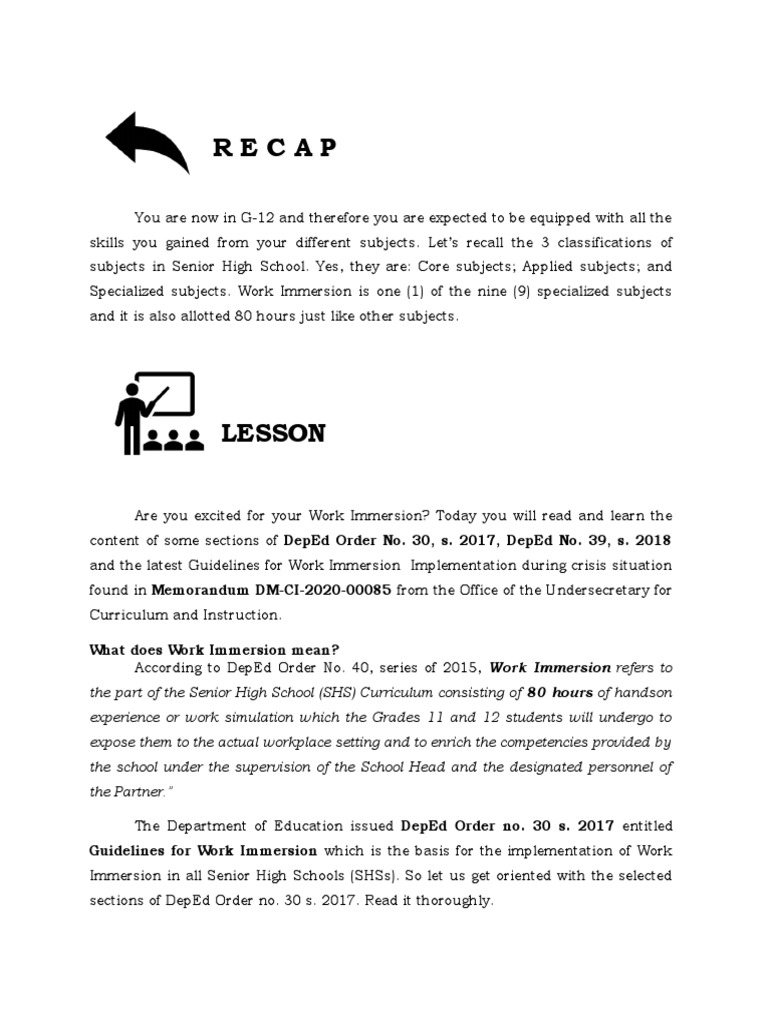 Work Immersion Lesson 1 | PDF | Curriculum | Learning