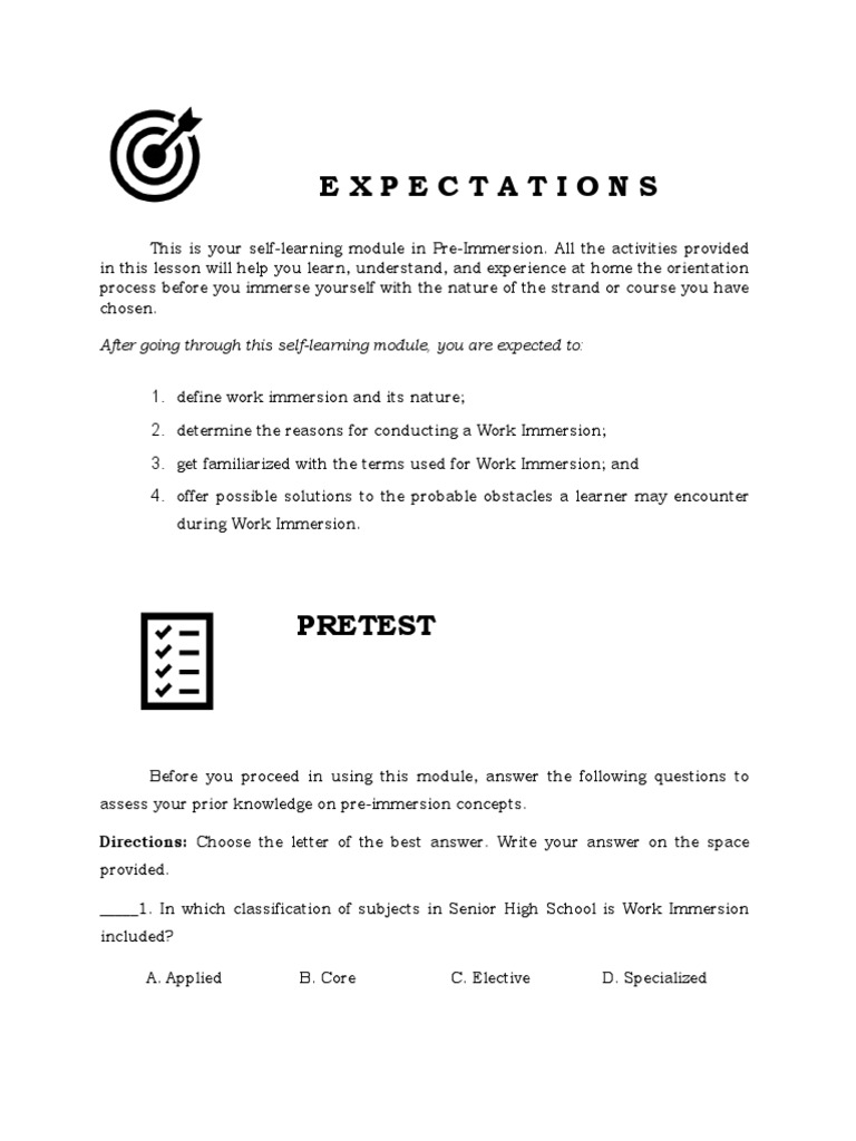 Work Immersion Pre-Test | PDF