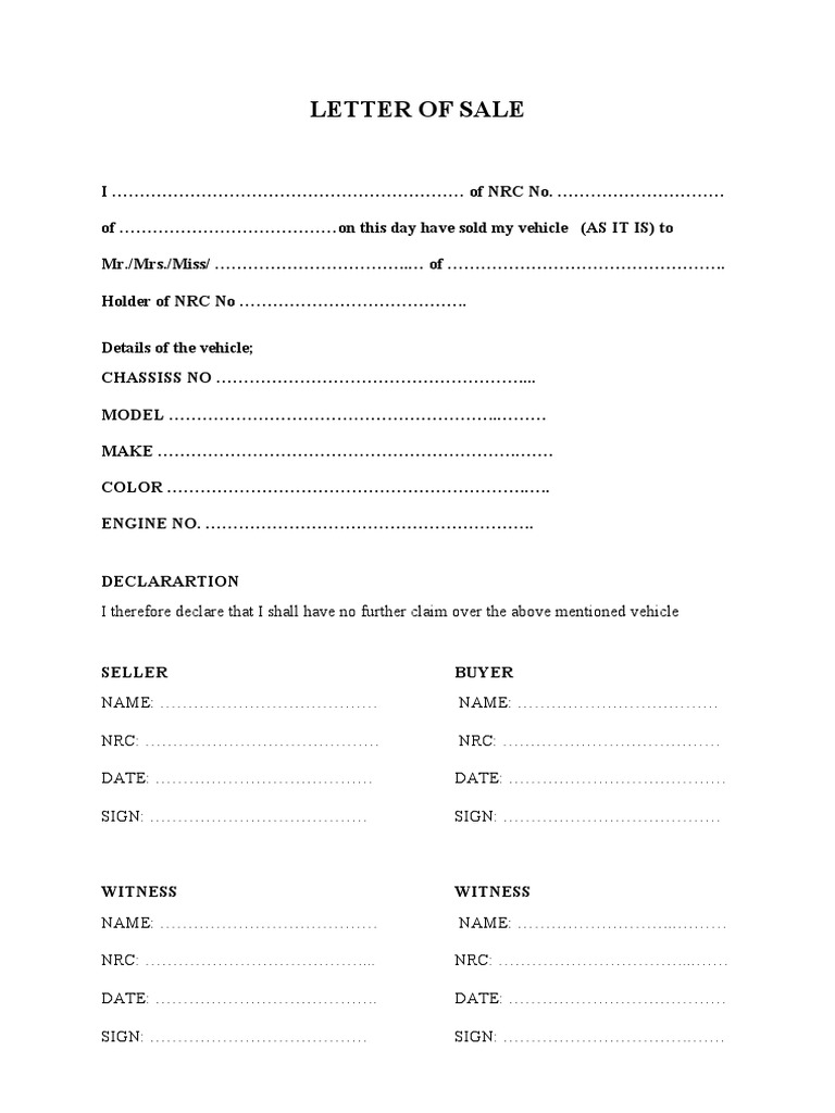 Agreement Letter of Sale Car | PDF