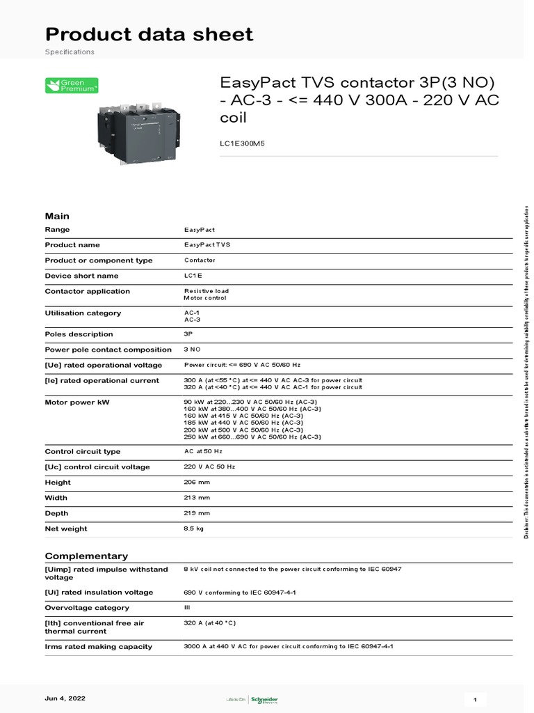 EasyPact TVS Contactor LC1E300M5 Specs | PDF | Alternating Current ...