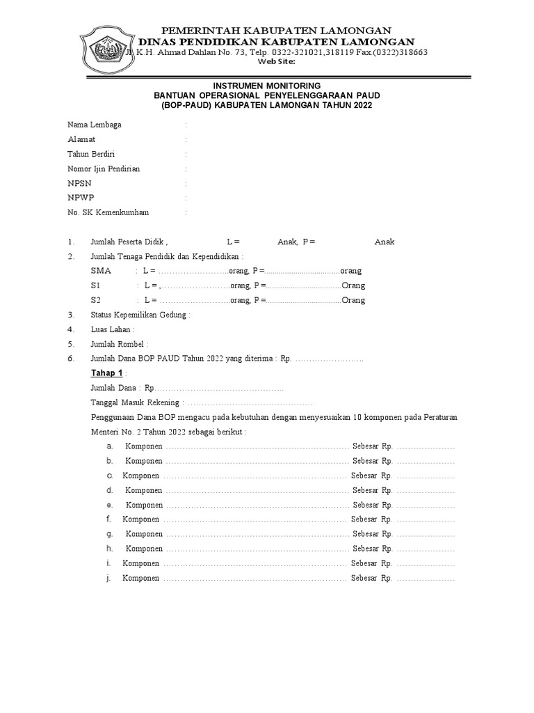 Instrumen Monev BOP PAUD 2022 | PDF