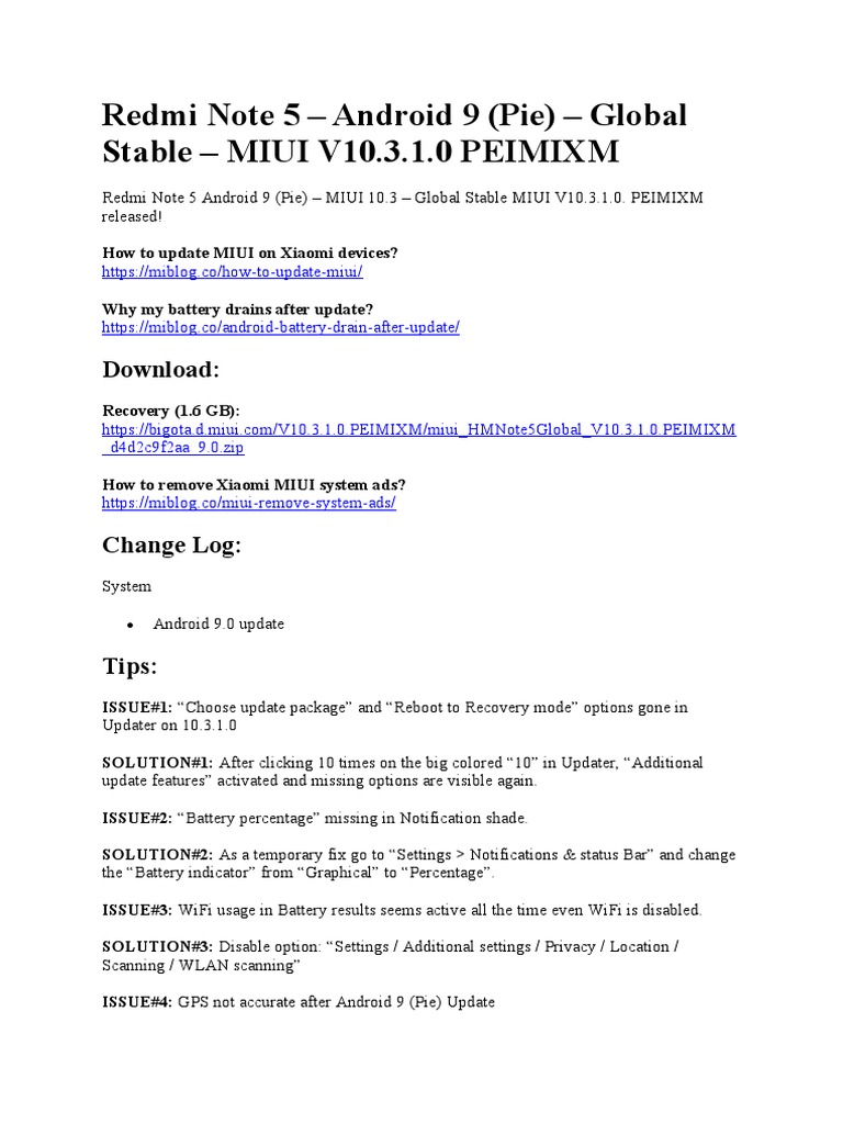 Redmi Note 5 - Android 9 (Pie) - Global Stable - MIUI V10.3.1.0 PEIMIXM | PDF | Android ...