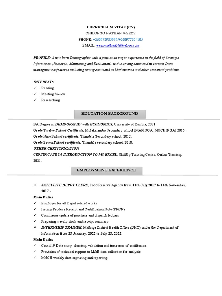 Chilongo Nathan Wezzy Curriculum Vitae | PDF