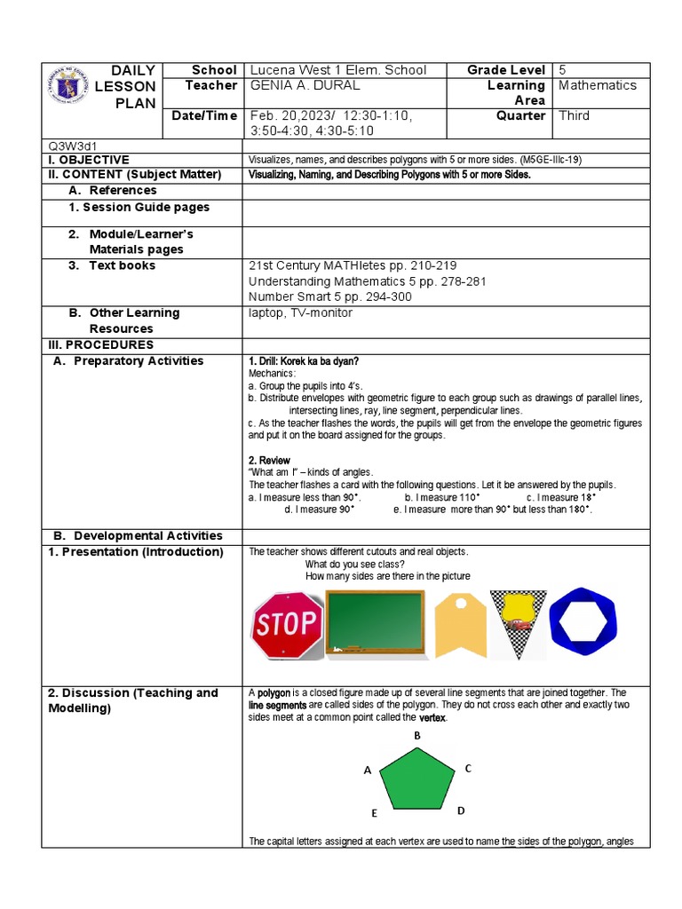 Math 5 DLP - Q3 W3d1 5 | PDF | Circle | Polygon