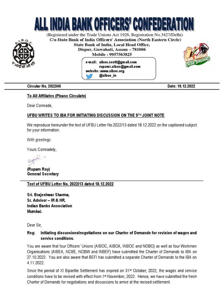 40 2022 Aiboc R UFBU Letter To IBA | PDF