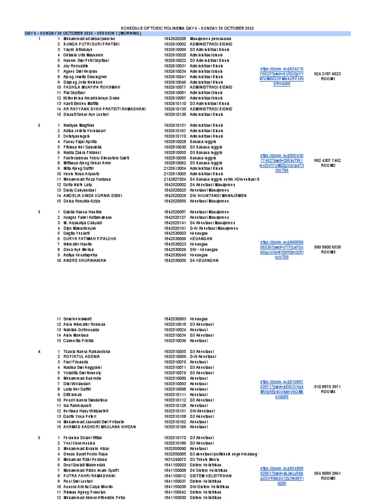 Jadwal Ujian TOEIC 2022 - Day 6 - Minggu 30 Oktober 2022 | PDF Jadwal Ujian TOEIC 2022 - Day 6 - Minggu 30 Oktober 2022 | PDF