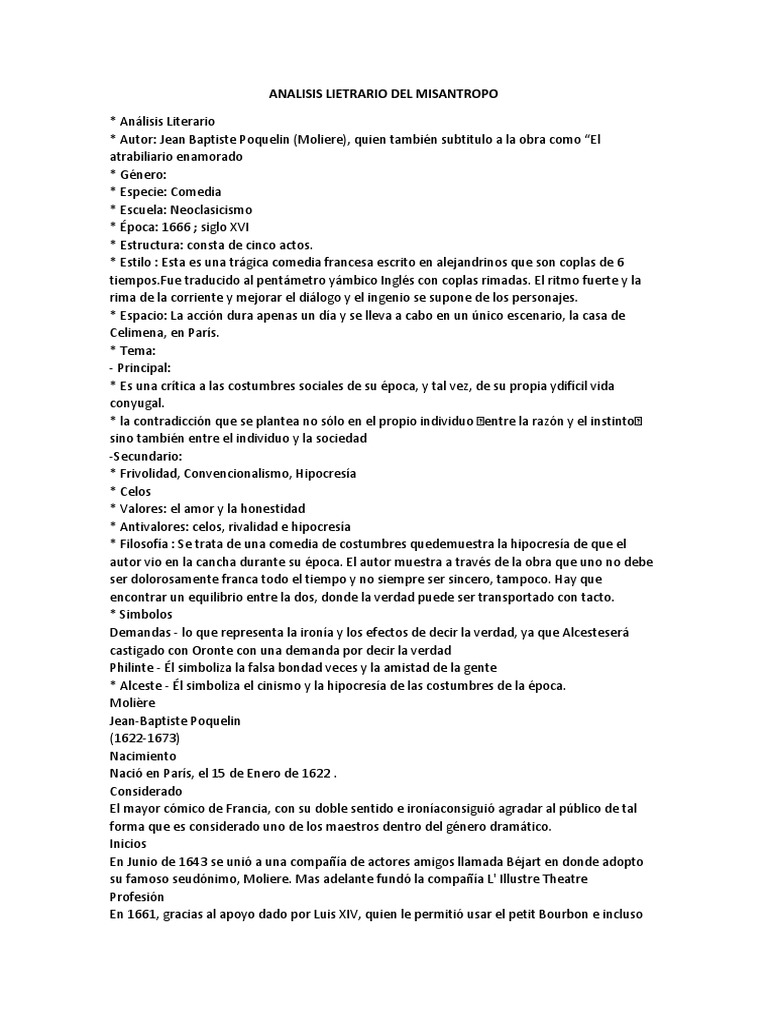 Análisis de la puesta en escena de "El misántropo | PDF | Molière