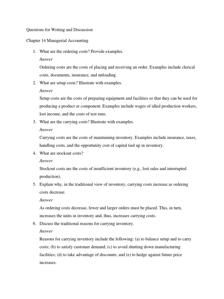 Questions For Writing and Discussion Managerial Accounting Chapter 14 | PDF | Inventory | Cost