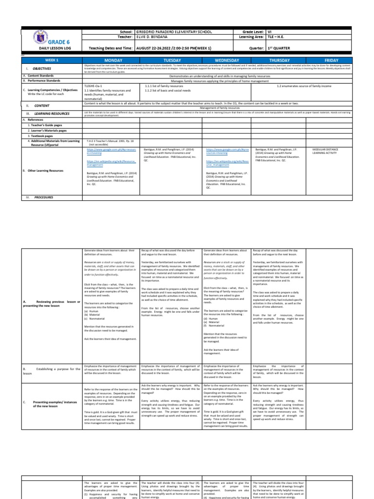 Dll-Tle-He Week 1 | PDF | Learning | Teachers