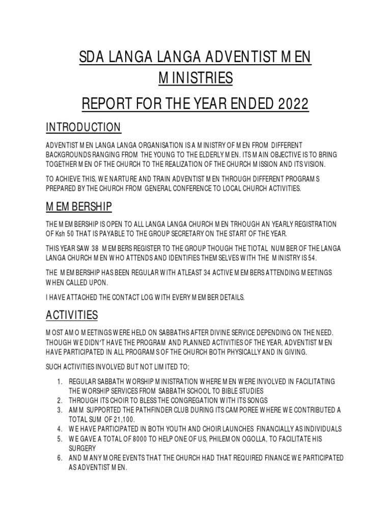 Sda Langa Langa Adventist Men Ministries Report | PDF | Seventh Day ...