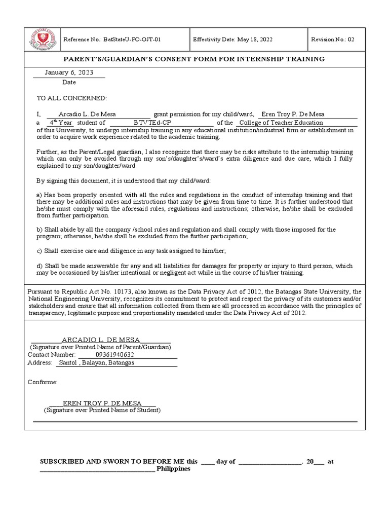 BatStateU FO OJT 01 - Parents Guardians Consent Form For Internship ...