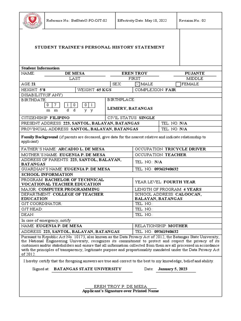 Student Trainees Personal History Statement | PDF