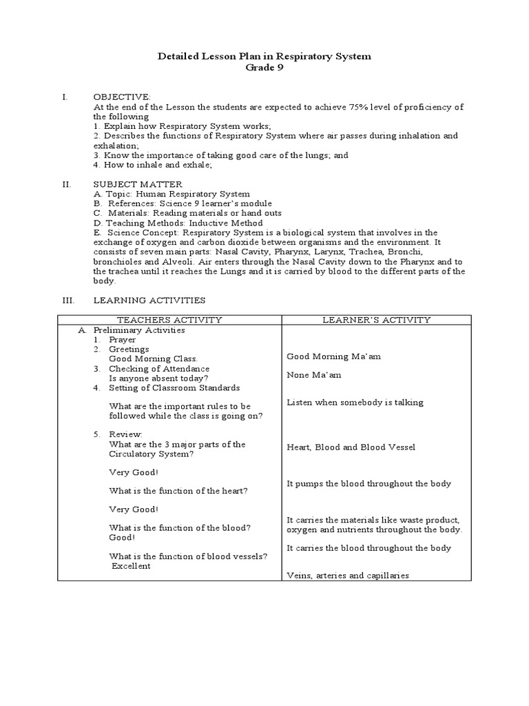 Grade 9 Respiratory System Lesson Plan | PDF | Respiratory Tract ...
