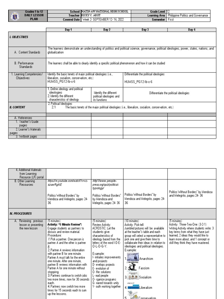 DLL PPG Week 2 Q1 | PDF | Ideologies | Rubric (Academic)