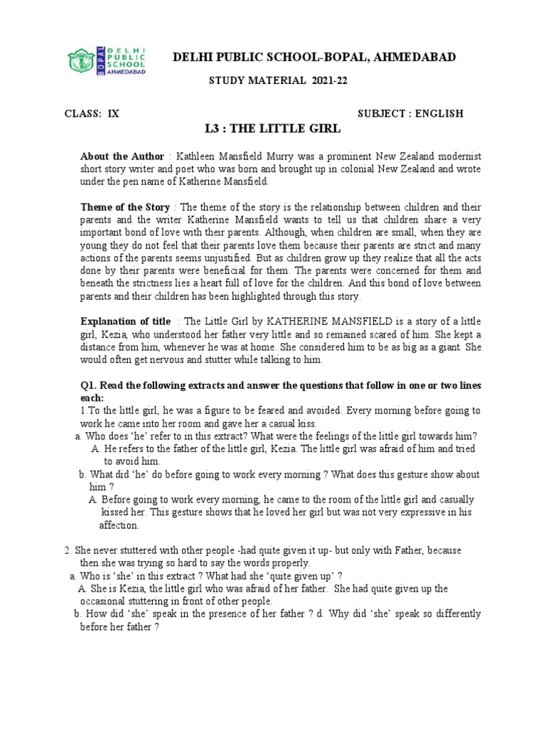 Notes L3 - Little Girl | PDF | Katherine Mansfield | Stuttering