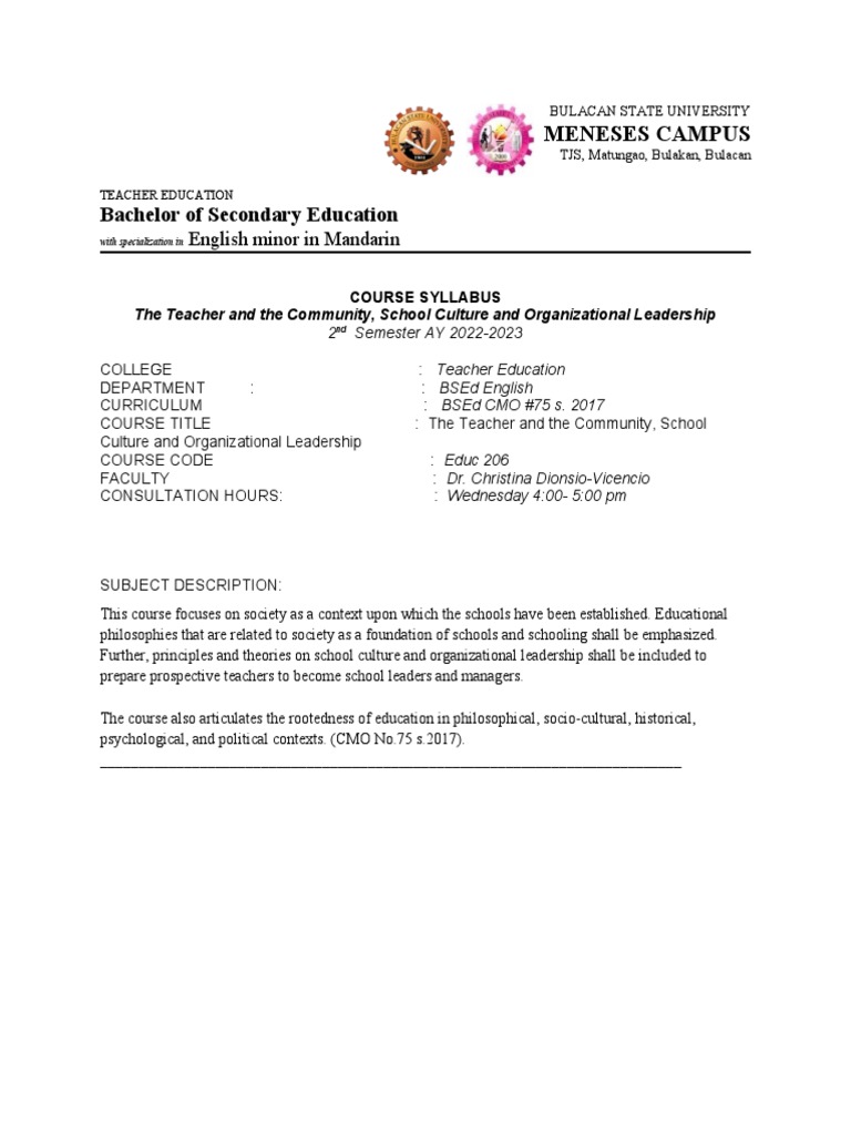 BSEd English Course Syllabus: Educ 206 | PDF