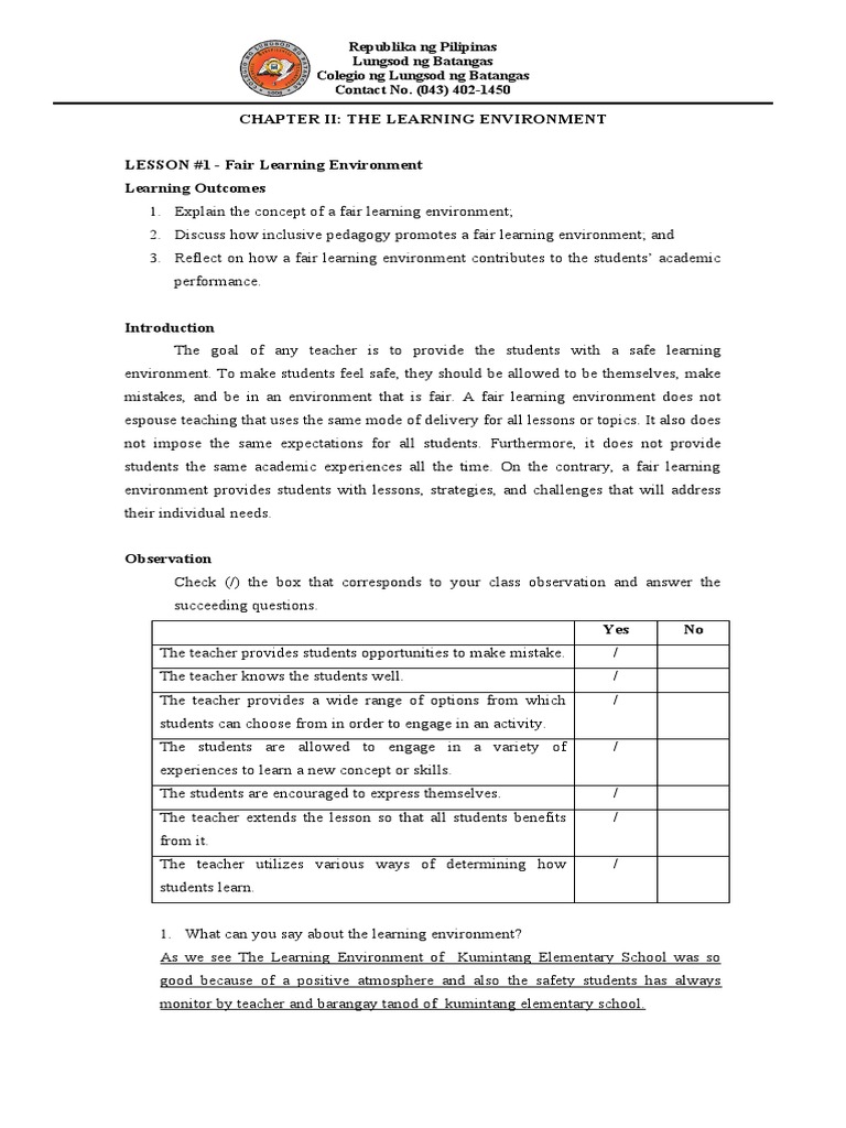 Fs I - Chapter II-The Learning Environment | PDF | Classroom | Teachers
