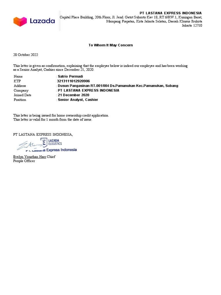 Lazada Bank Request Letter 298002 | PDF