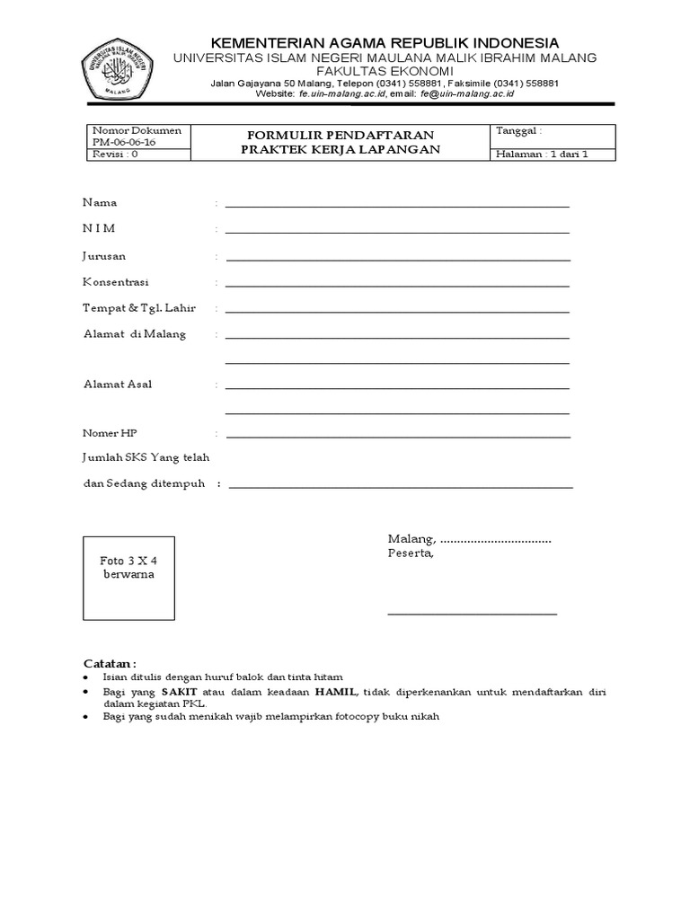 Form Pendaftaran PKL | PDF