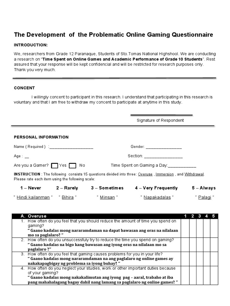 The Development of The Problematic Online Gaming Questionare | PDF | Questionnaire
