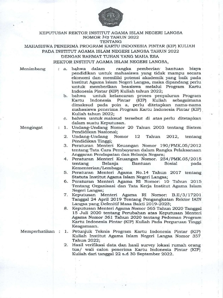 SK Rektor Iain Langsa Tentang Mahasiswa Penerima Kip Kuliah Tahun 2022 ... SK Rektor Iain Langsa Tentang Mahasiswa Penerima Kip Kuliah Tahun 2022 ...