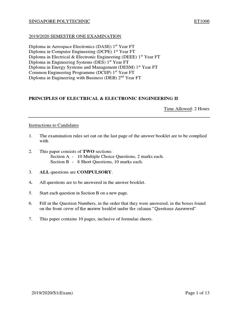 ET1006 Electrical Engineering Exam | PDF | Rectifier | Amplifier