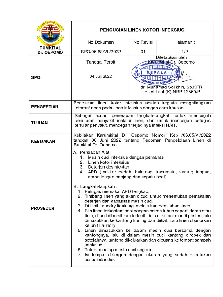 Spo Pencucian Linen Infeksius | PDF