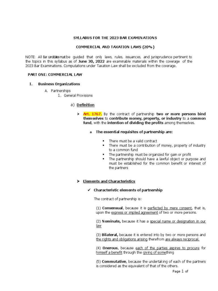 2023 Bar Exam Syllabus Commercial Review | PDF | Partnership | Stocks