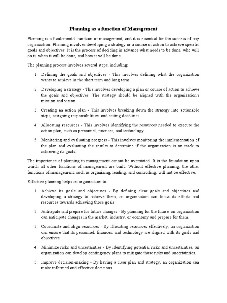 Planning As A Function of Management | PDF | Planning | Goal