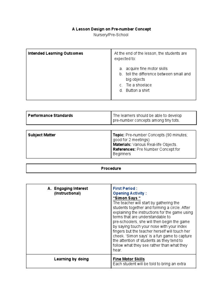 A Lesson Design On Pre-Number Concept | PDF | Teachers | Learning