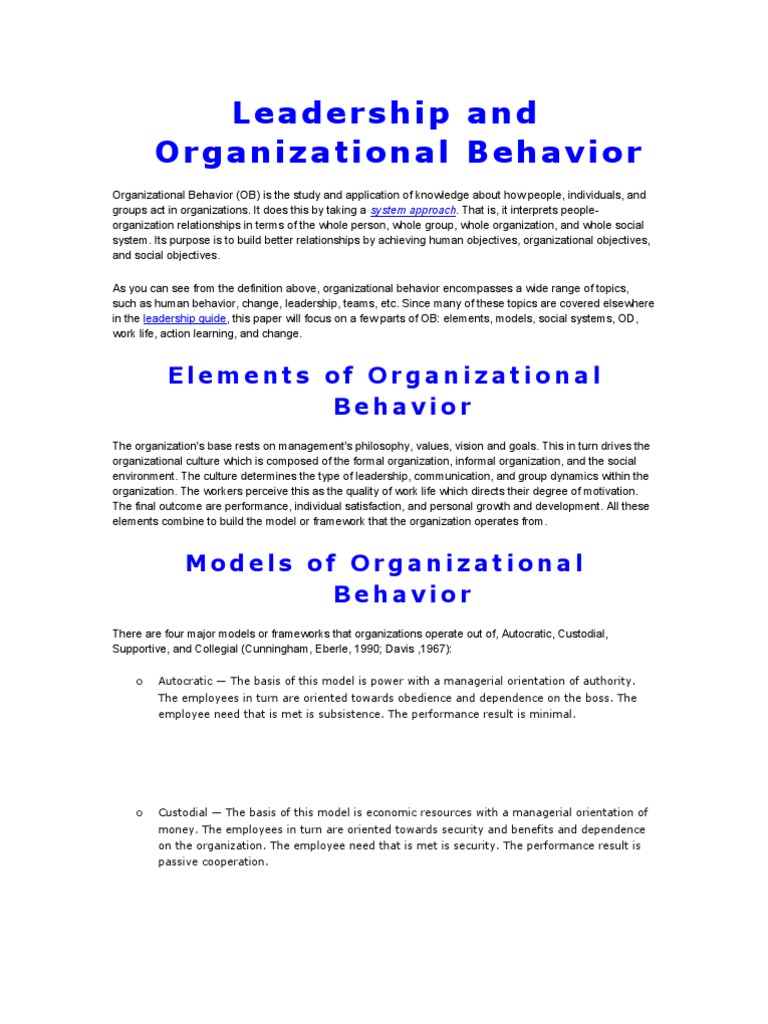 Leadership and Organizational Behavior | PDF | Leadership ...