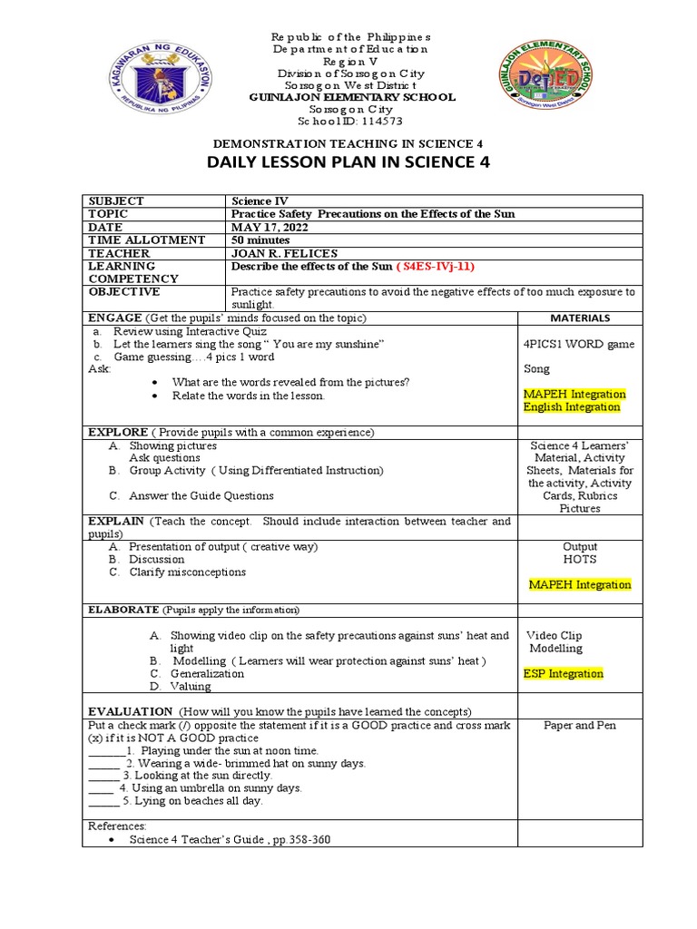 Cot - DLP - Science 4 Effects of Sun To Human | PDF | Learning | Differentiated Instruction
