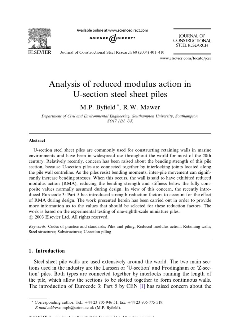 Analysis of Reduced Modulus Action in U Section Steel Sheet Piles | PDF ...