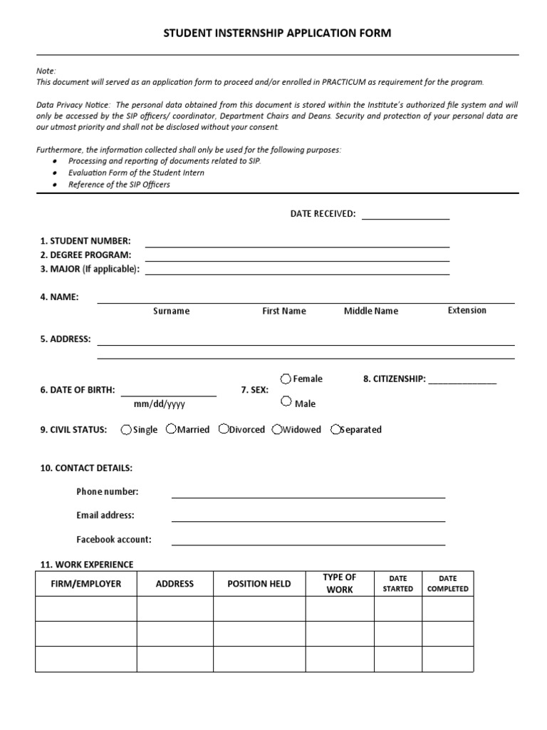 STUDENT INTERNSHIP APPLICATION FORM - Blank Template | PDF | Computing ...