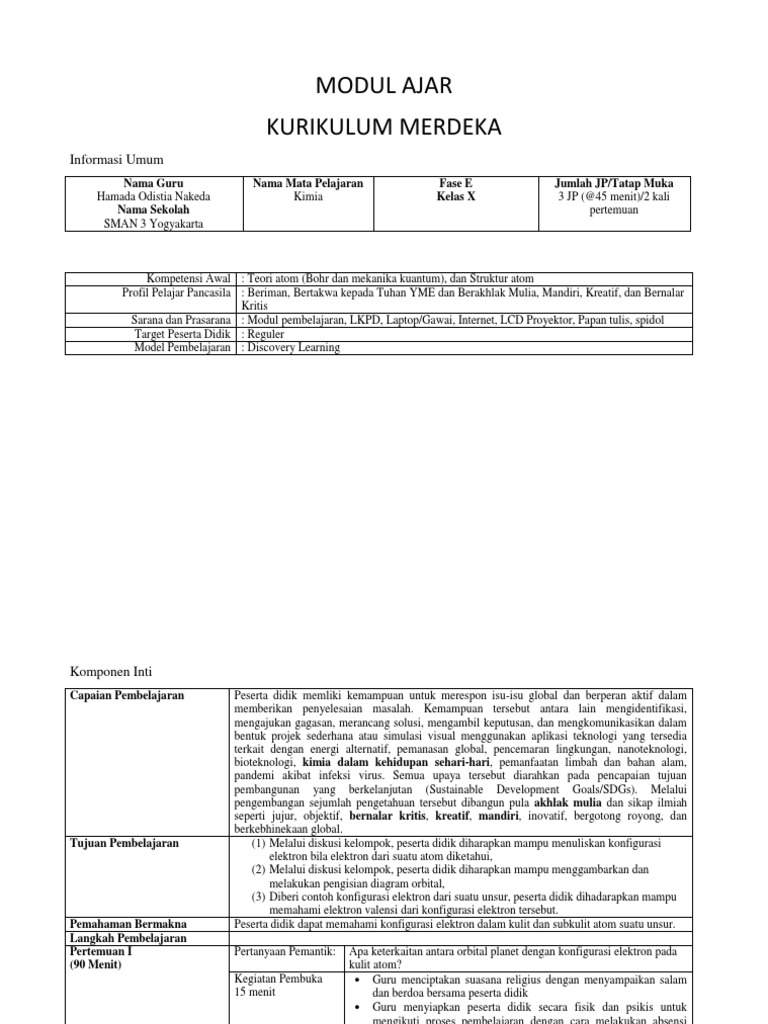 Modul Ajar Kurikulum Merdeka Konfigurasi Elektron KD 3.3 Dan 4.3 | PDF