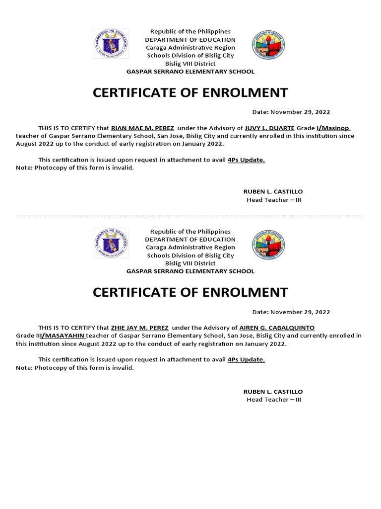 Certification of Enrolment 4ps | PDF