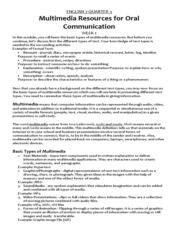ENGLISH 7 Q3W1 Module | PDF | Multimedia | Information