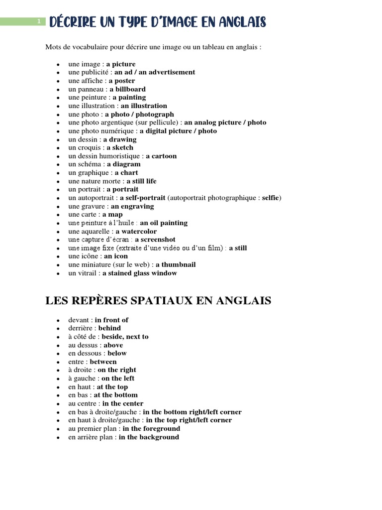 Mots de vocabulaire pour décrire une image ou un tableau en anglais ...